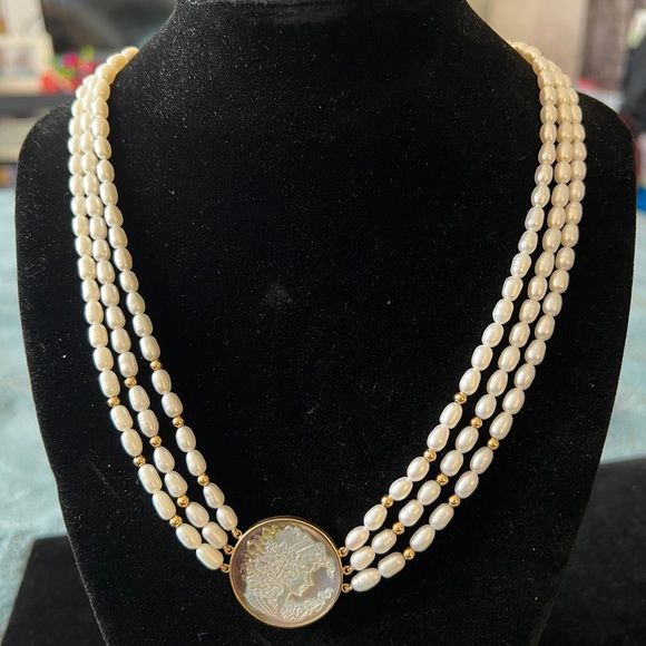 Jewelry | Vintage 14k Gold And Pearl Triple Strand Necklace With Art ...